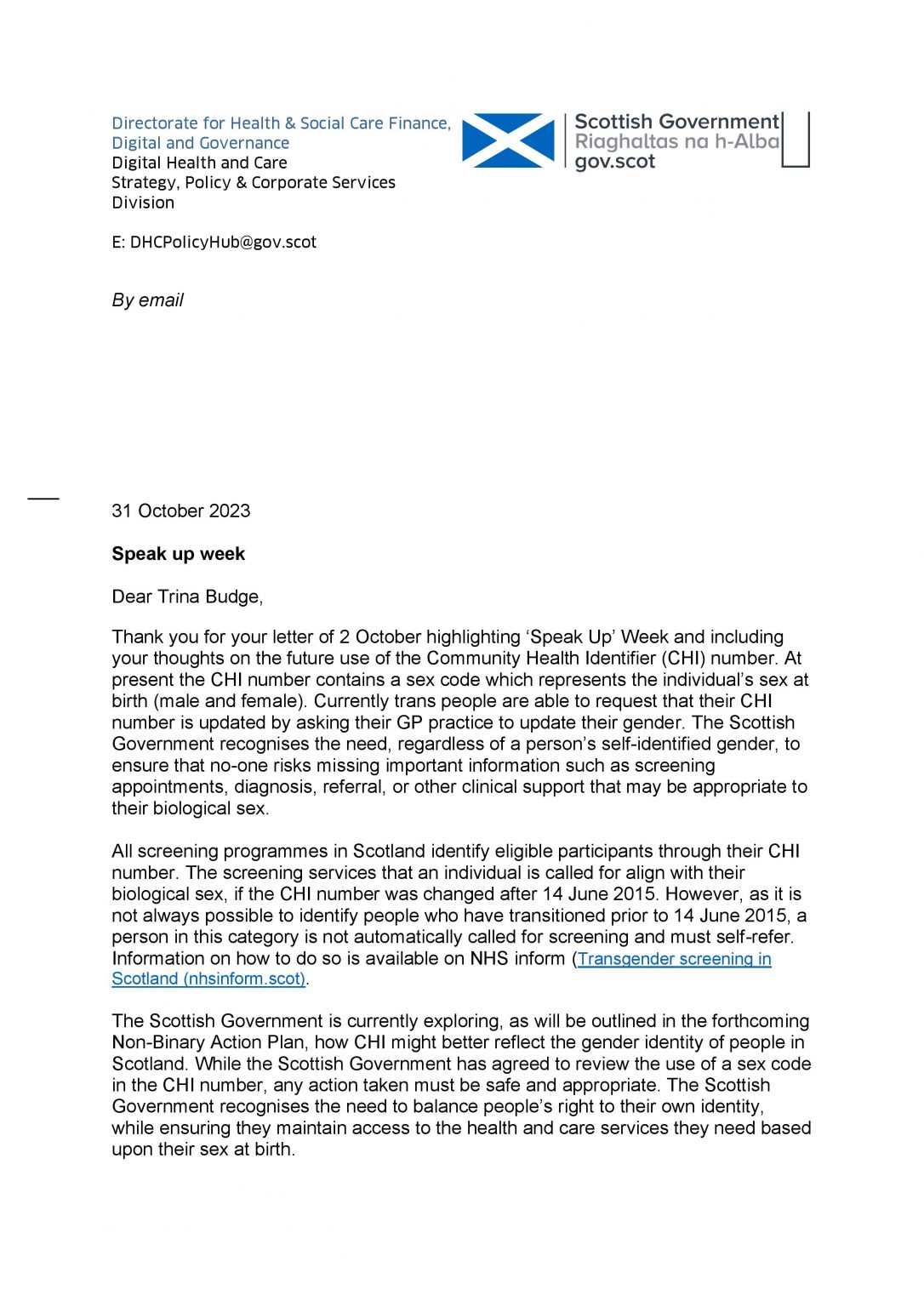 NHS CHI Number - For Women Scotland